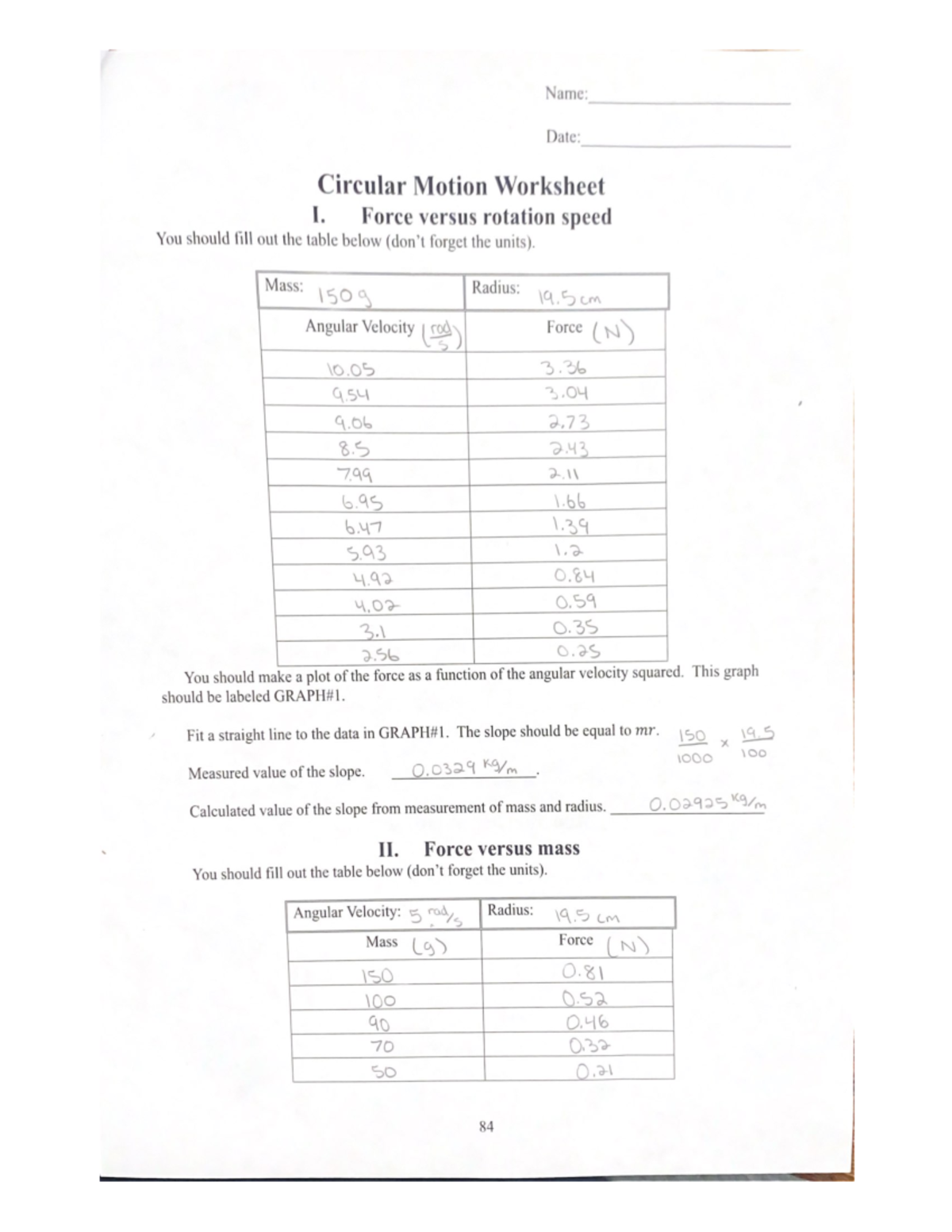 Circular Motion Worksheet - Introductory Physics I Lab - Studocu