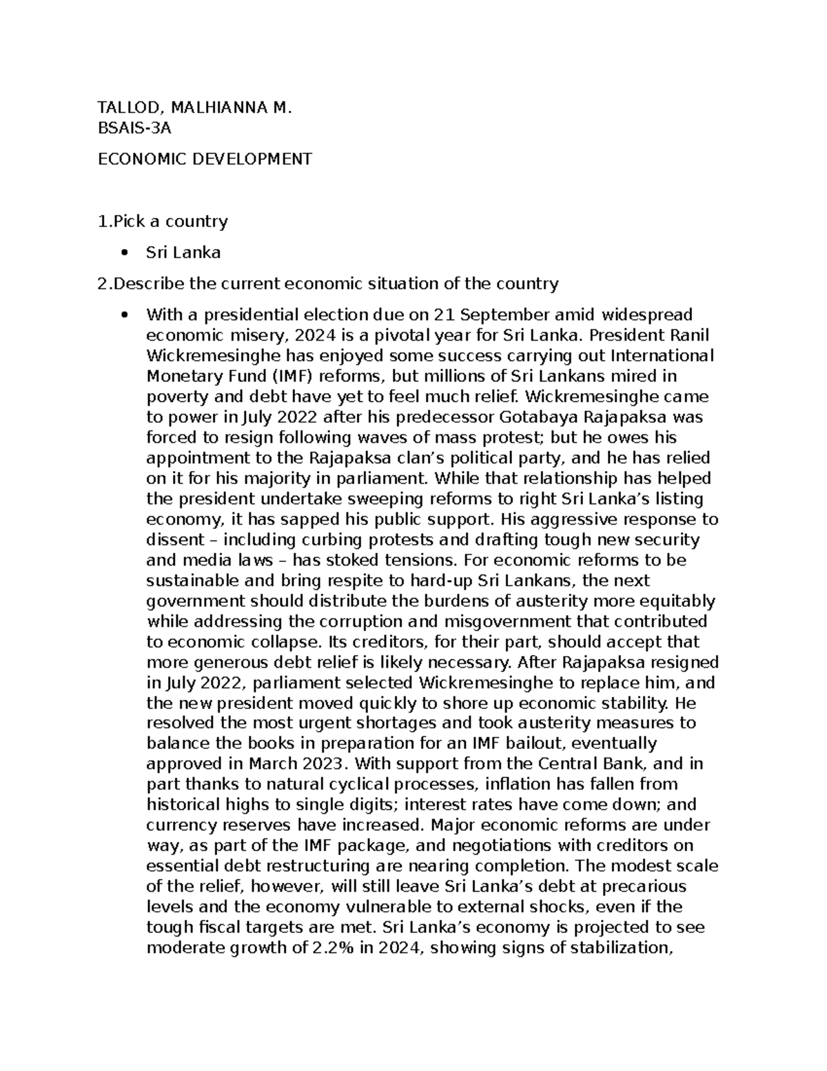 SRI Lanka - Economic - TALLOD, MALHIANNA M. BSAIS-3A ECONOMIC ...