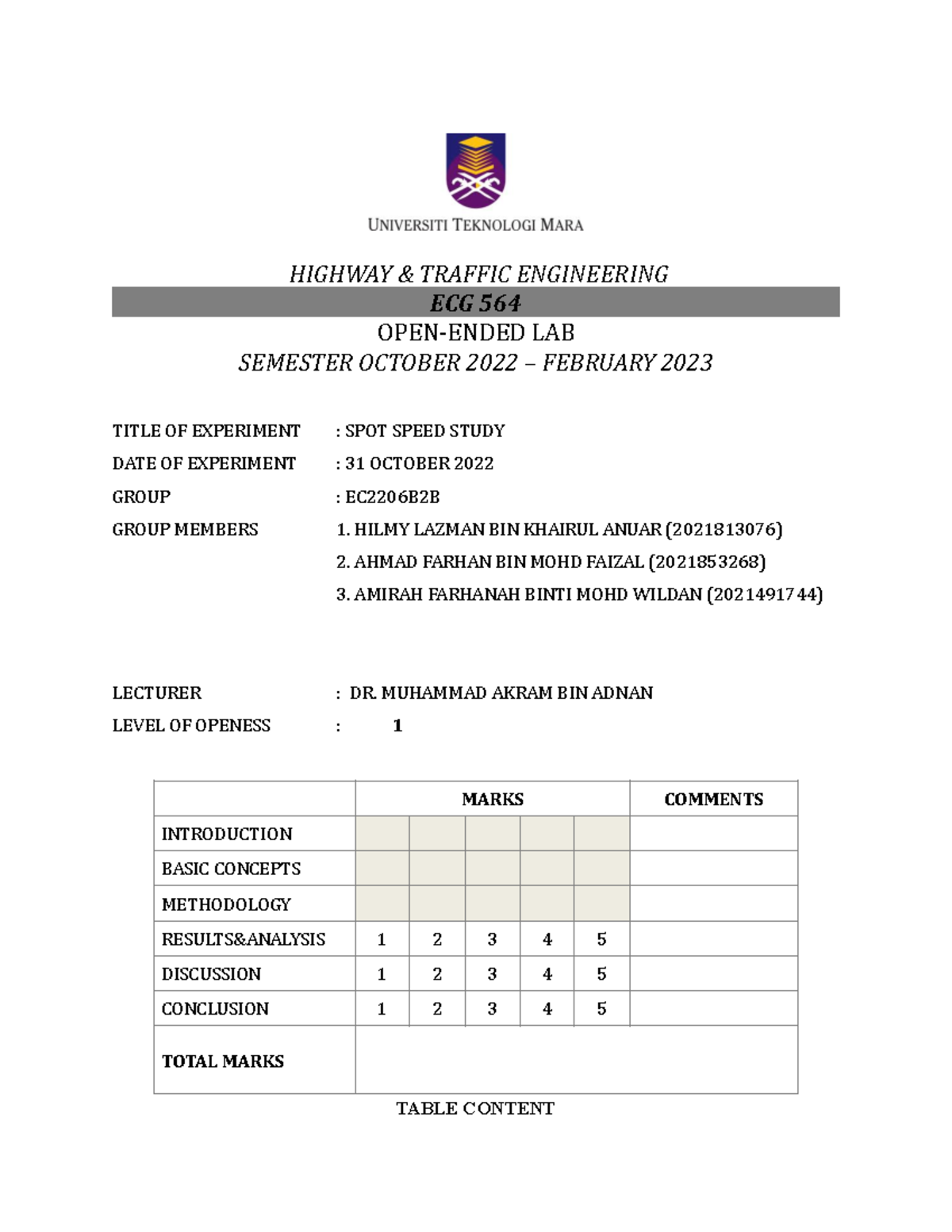 ECG564 SPOT Speed Study - HIGHWAY & TRAFFIC ENGINEERING ECG 564 OPEN ...