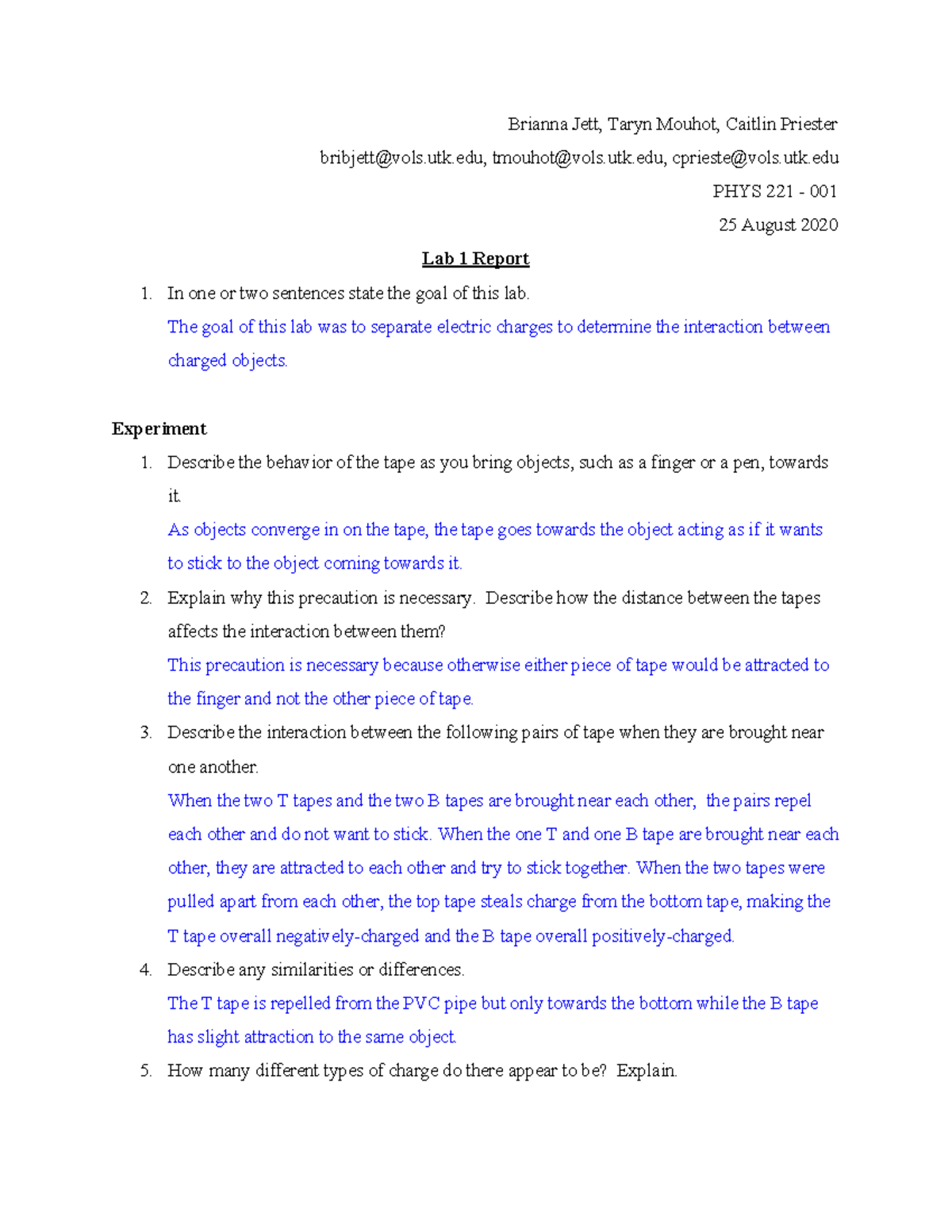 Lab 1 physics 222 - Brianna Jett, Taryn Mouhot, Caitlin Priester ...