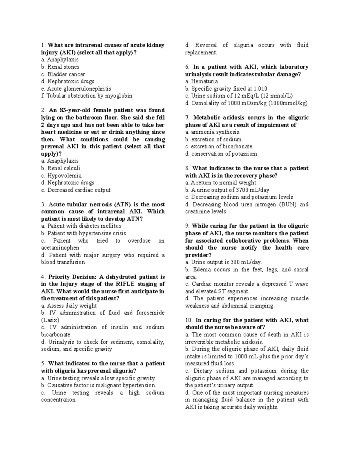 Reviewer-AKI-CKD - Aki for student nurses. review questions. - What are ...