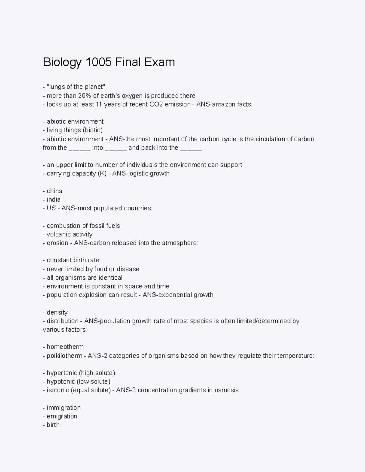 Biology 1005 Final Exam - Biology 1005 Final Exam "lungs of the planet ...