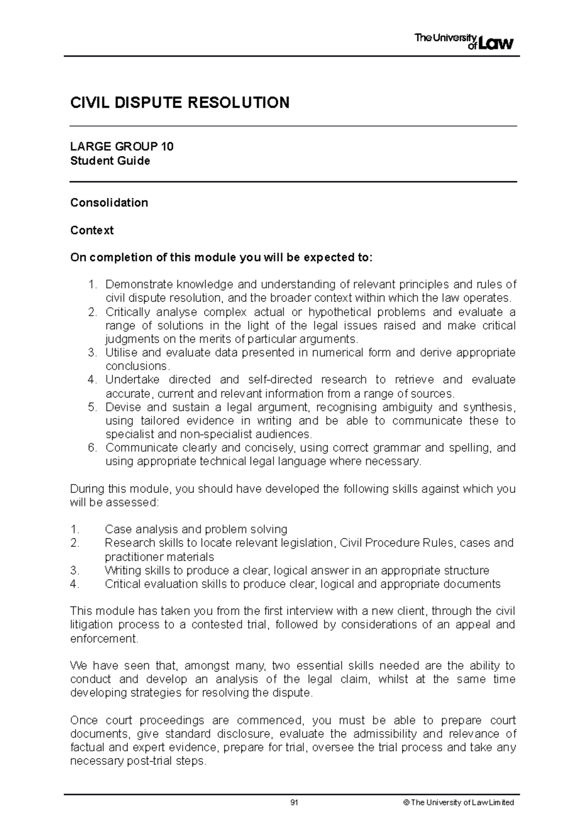 LG10 - student guide - CIVIL DISPUTE RESOLUTION LARGE GROUP 10 Student ...