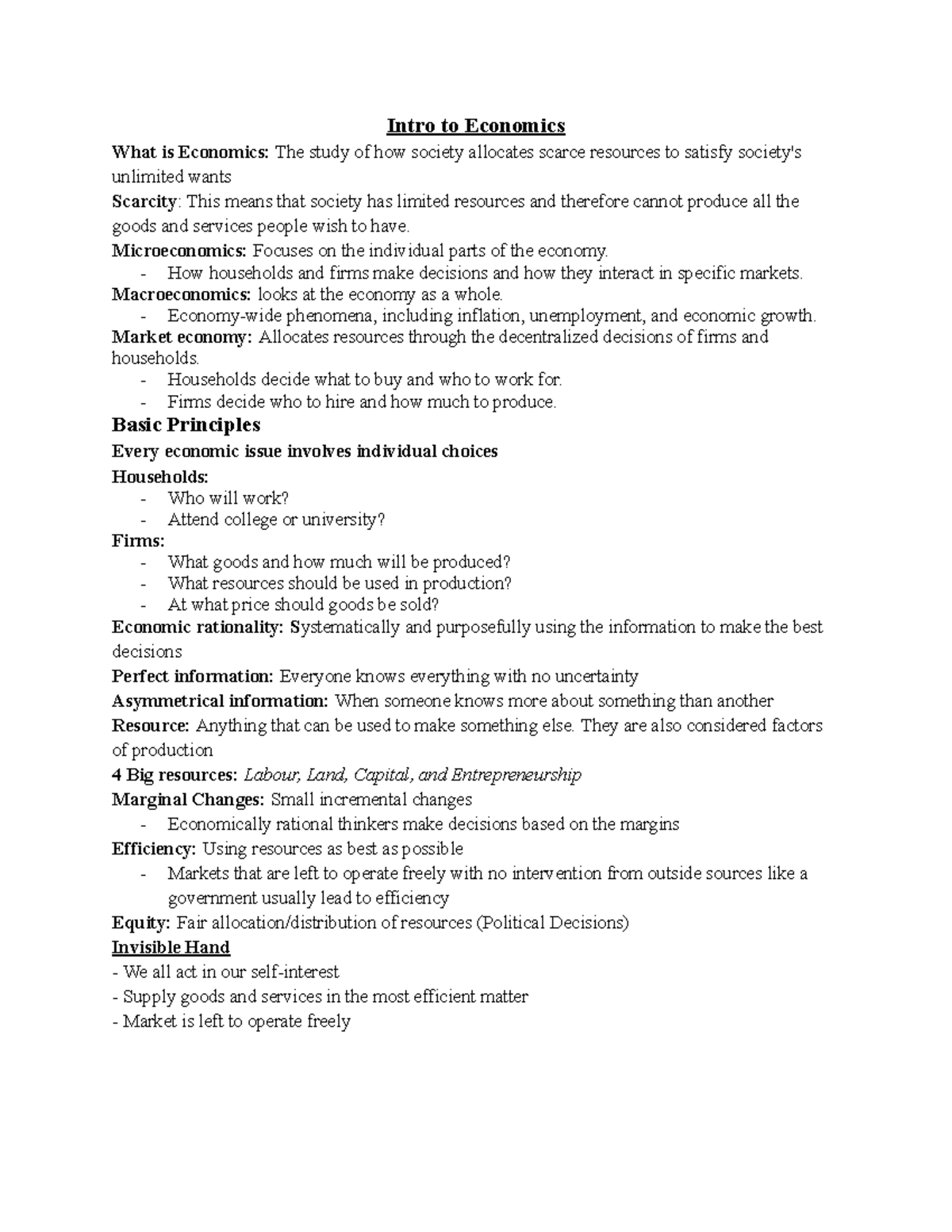Chapter 1 Micro Econ Notes - Intro to Economics What is Economics: The ...