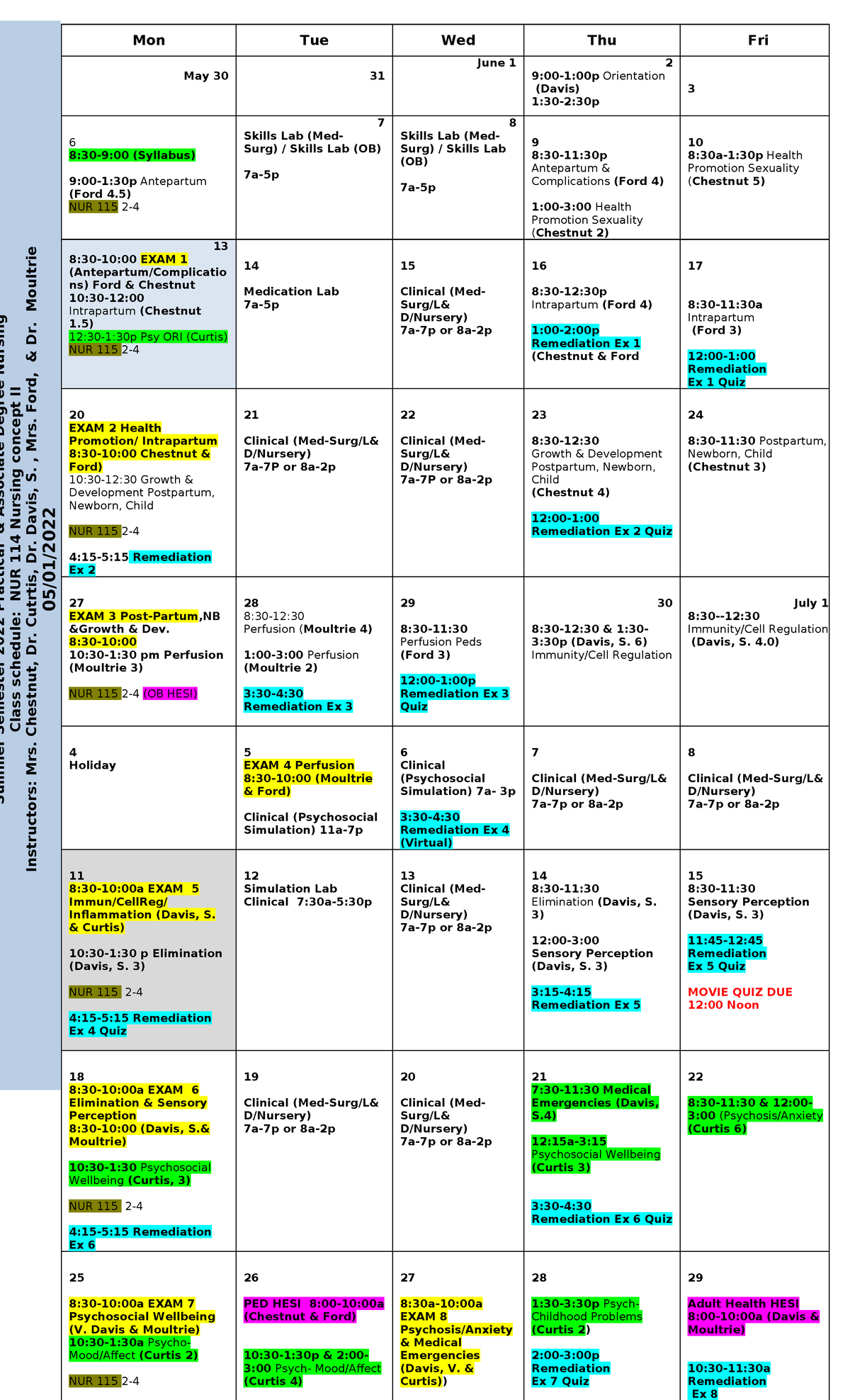 NUR 114 Nursing Concepts II Theory Schedule Summer 2022-1 - Mon Tue Wed ...
