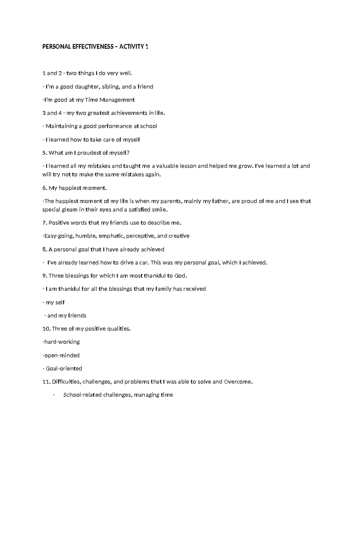 1 and 2 - PERSONAL EFFECTIVENESS – ACTIVITY 1 1 and 2 - two things I do ...