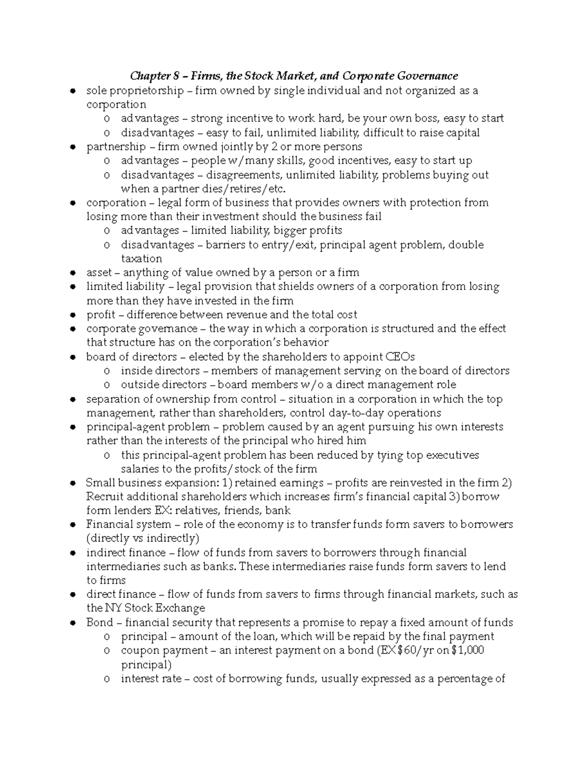 EXAM 2 Outline - exam 2 study guide - Chapter 8 – Firms, the Stock ...
