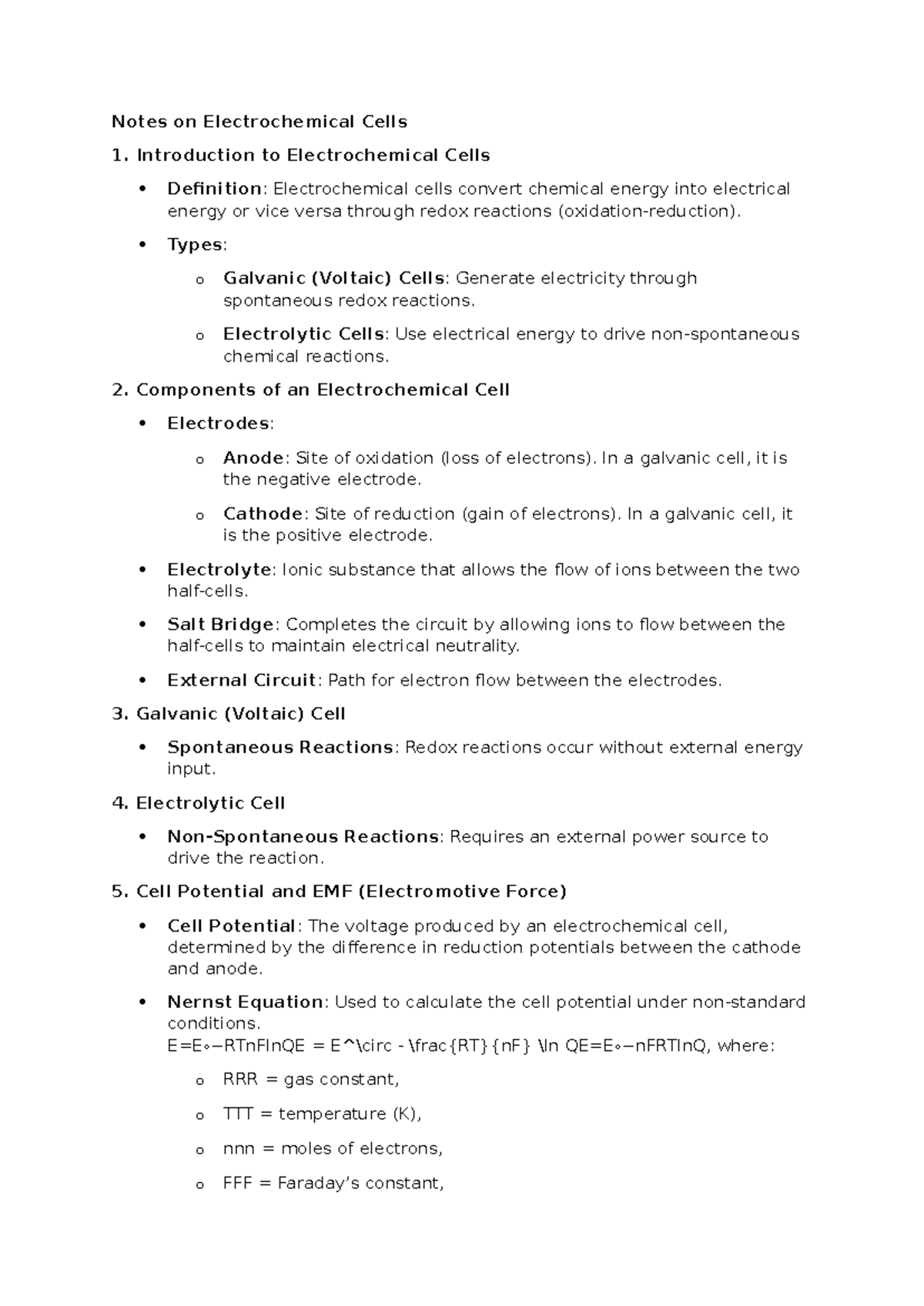 Notes on Electrochemical Cells - Notes on Electrochemical Cells ...