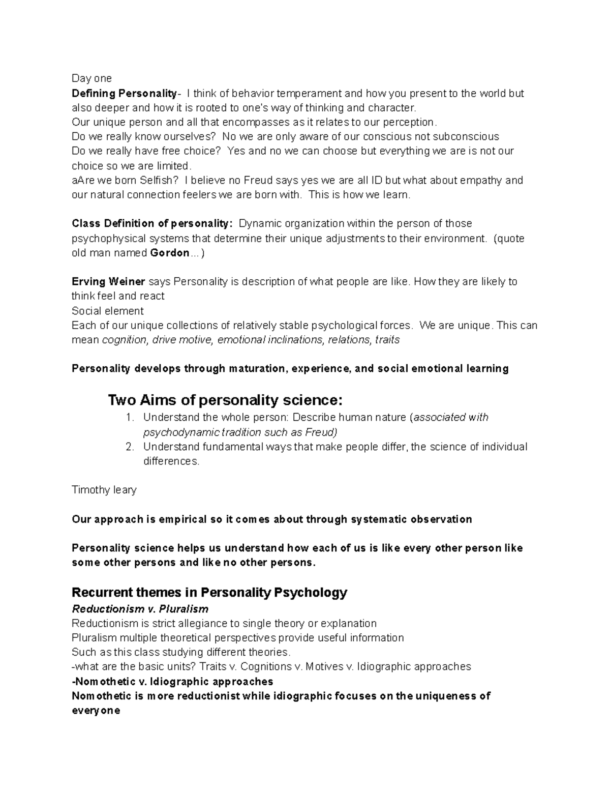 Psych 385 Personality - I think this is either notes from class or an ...