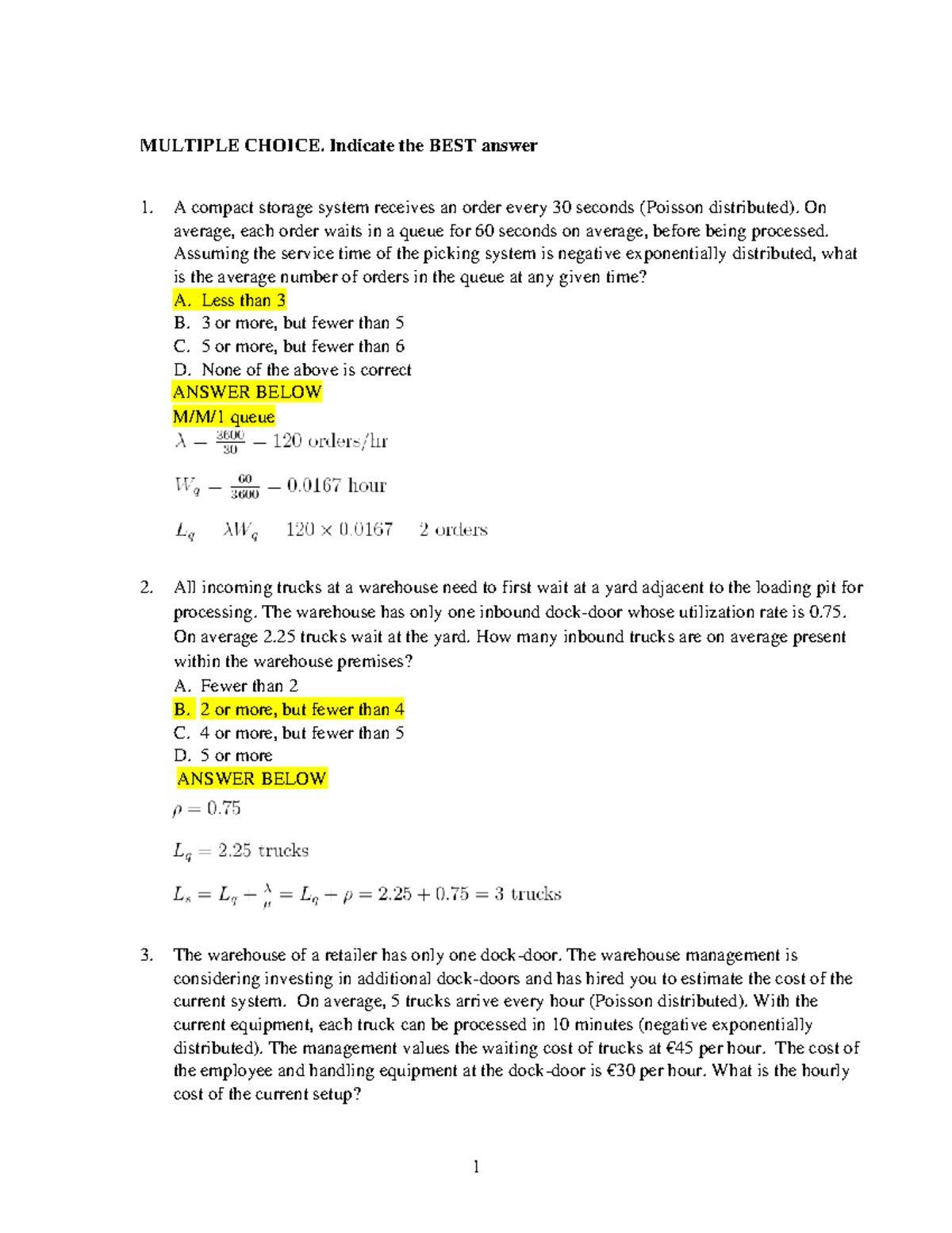 Facility logistics management sample exam questions - MULTIPLE CHOICE ...