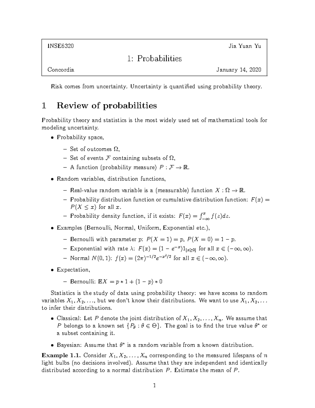 Lec 1 - Lec 1 - INSE6320 Jia Yuan Yu 1: Probabilities Concordia January ...