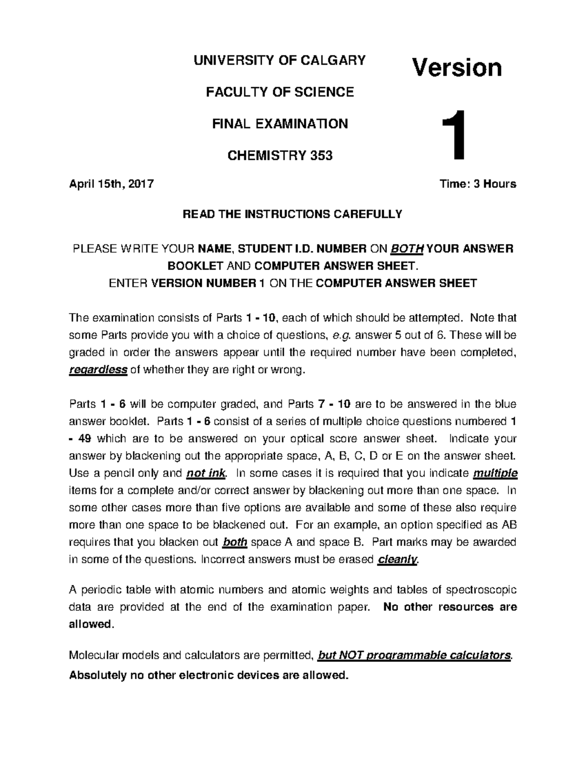 Exam April 2017, questions - UNIVERSITY OF CALGARY Version FACULTY OF ...