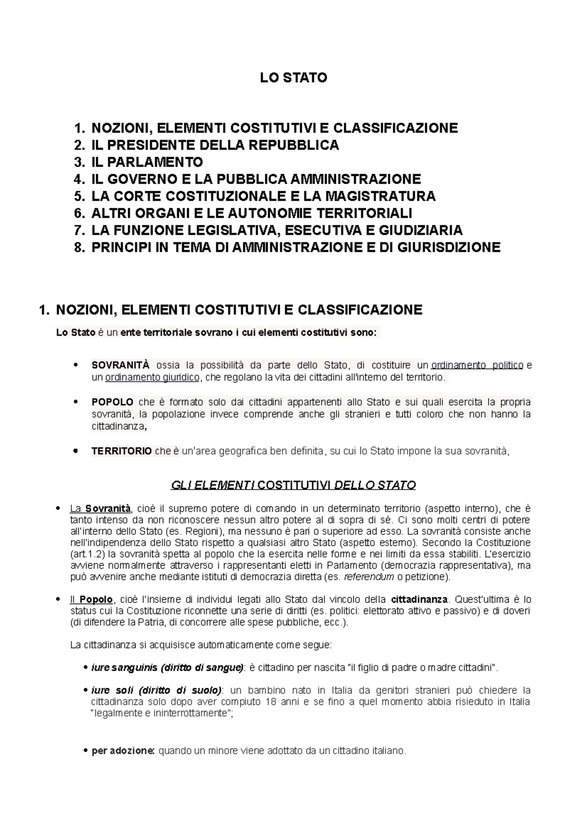 LO Stato - LO STATO 1. NOZIONI, ELEMENTI COSTITUTIVI E CLASSIFICAZIONE ...