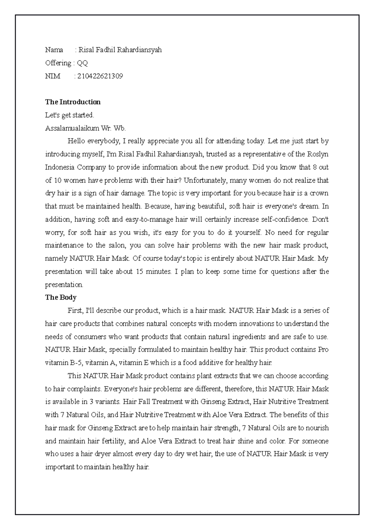Teks Business Presentation Memperkenalkan Produk - Nama : Risal Fadhil ...