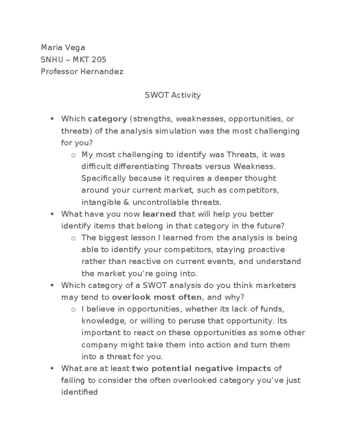 SWOT Analysis - Maria Vega SNHU – MKT 205 Professor Hernandez SWOT ...