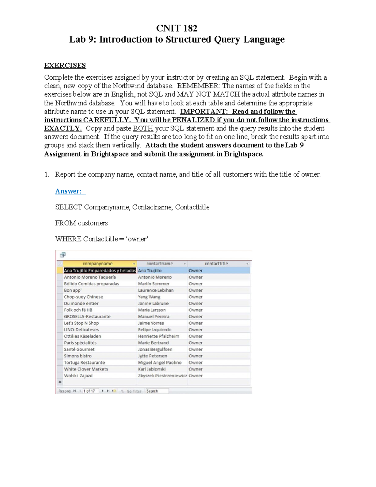 Lab 9 - Student Answers - Lab 9: Introduction to Structured Query Language EXERCISES Complete ...