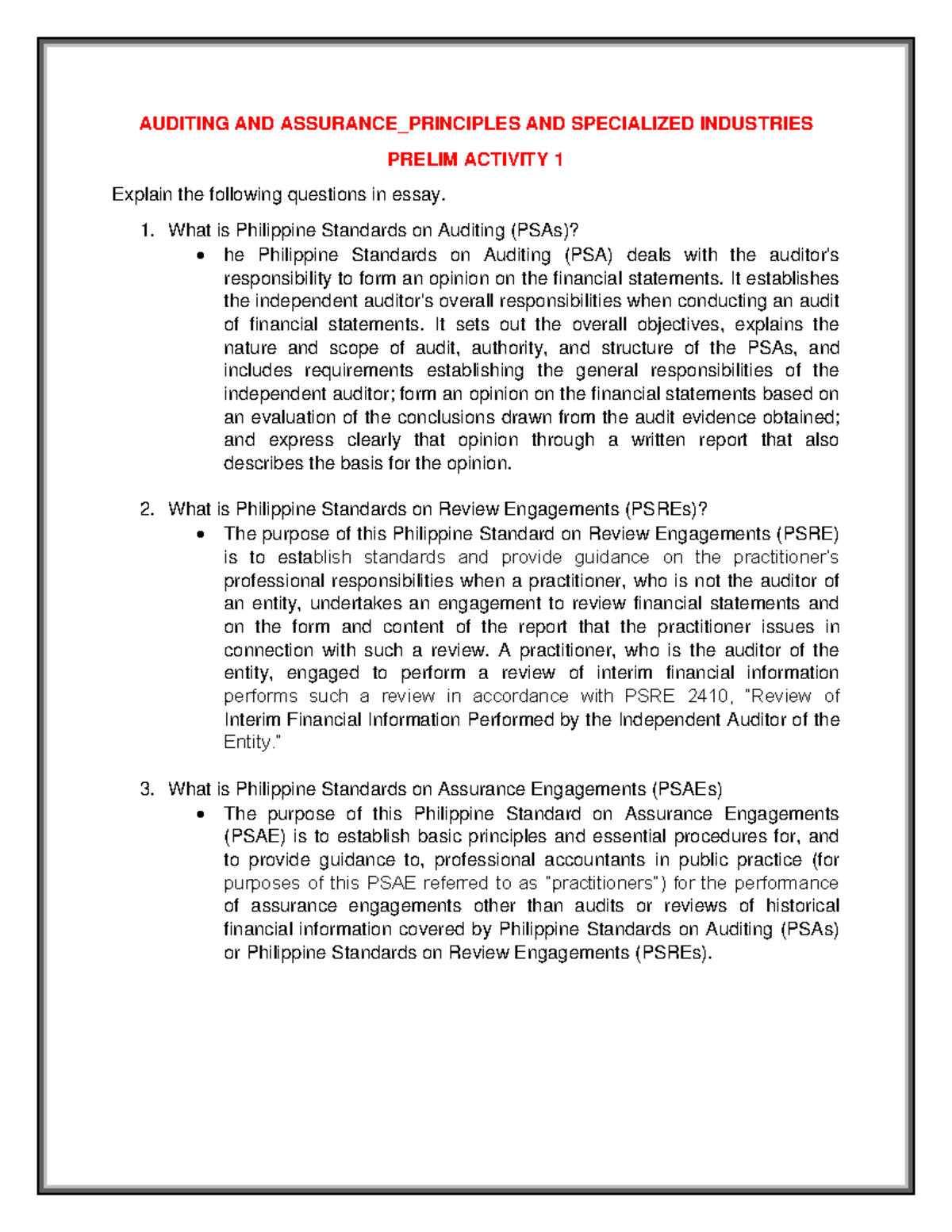 Auditing AND Assurance - AUDITING AND ASSURANCE_PRINCIPLES AND SPECIALIZED INDUSTRIES PRELIM ...