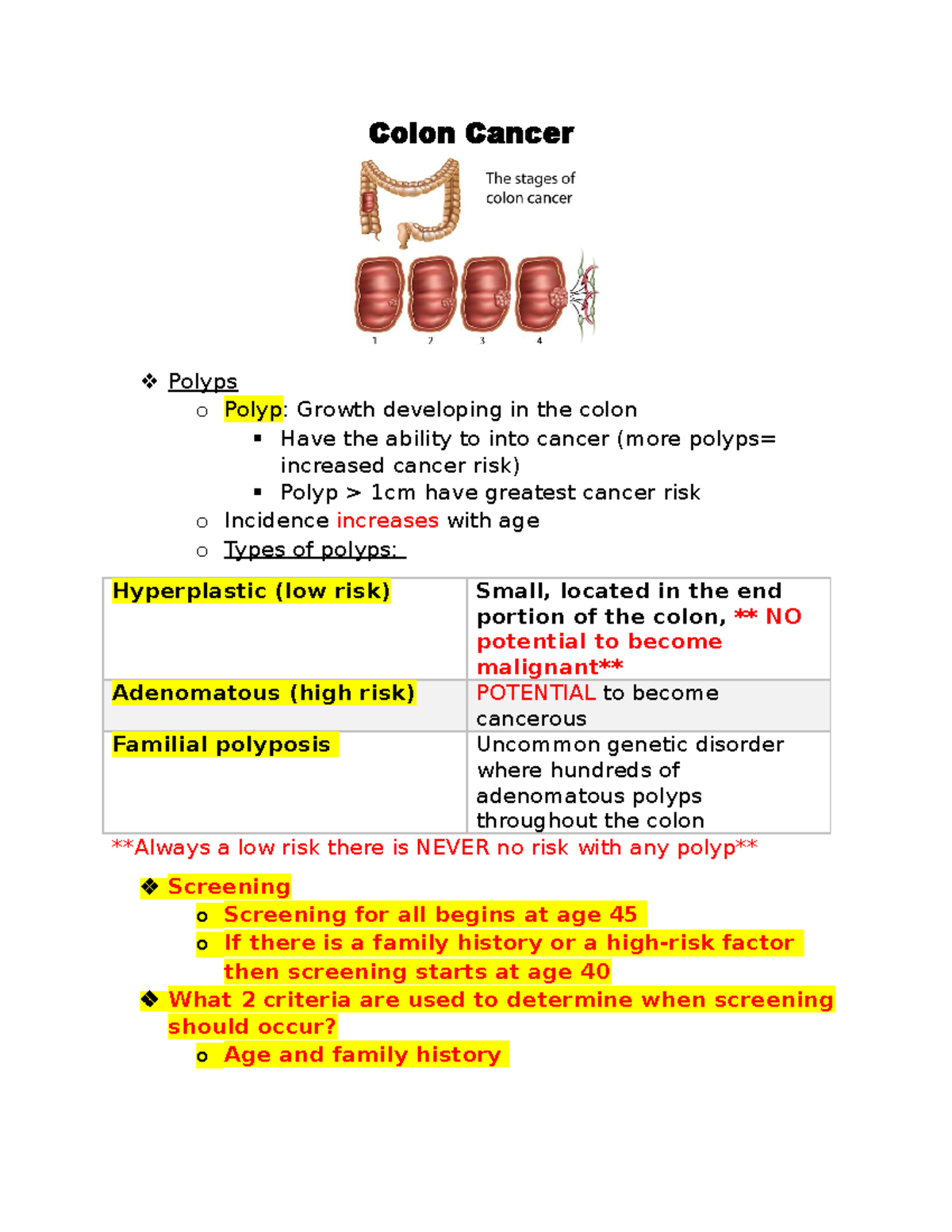 Colon Cancer - Colon Cancer Polyps o Polyp: Growth developing in the ...