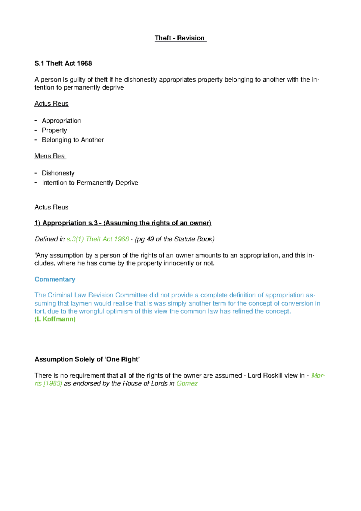 Theft - Revision - Lecture notes 1 - Theft Revision S Theft Act 1968 A ...