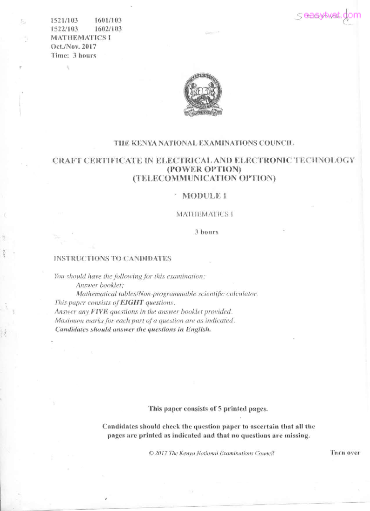 CEE Maths M1 - good - S easytwed MATHEMATICS I 2017 Time: 3 hours KENYA ...