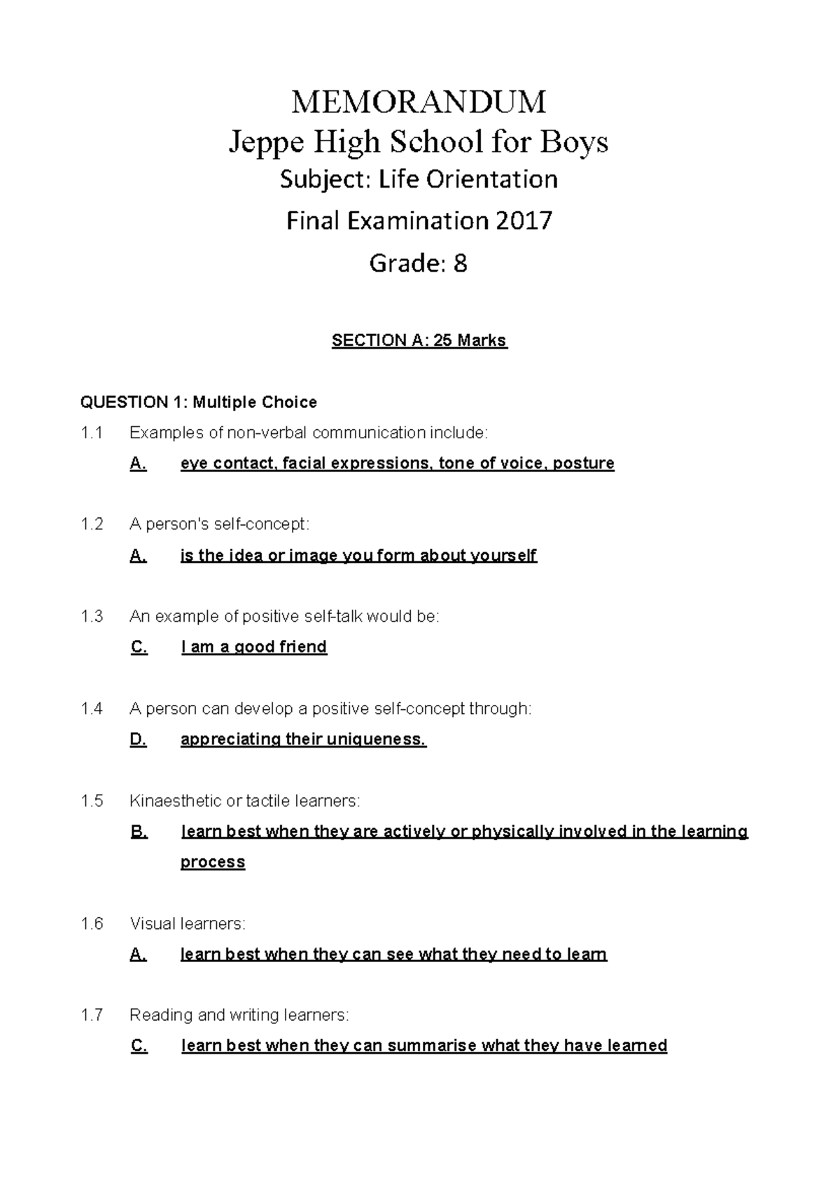 Memo of Grade 8 LO Exam Term 4 - 2017 Final - MEMORANDUM Jeppe High ...