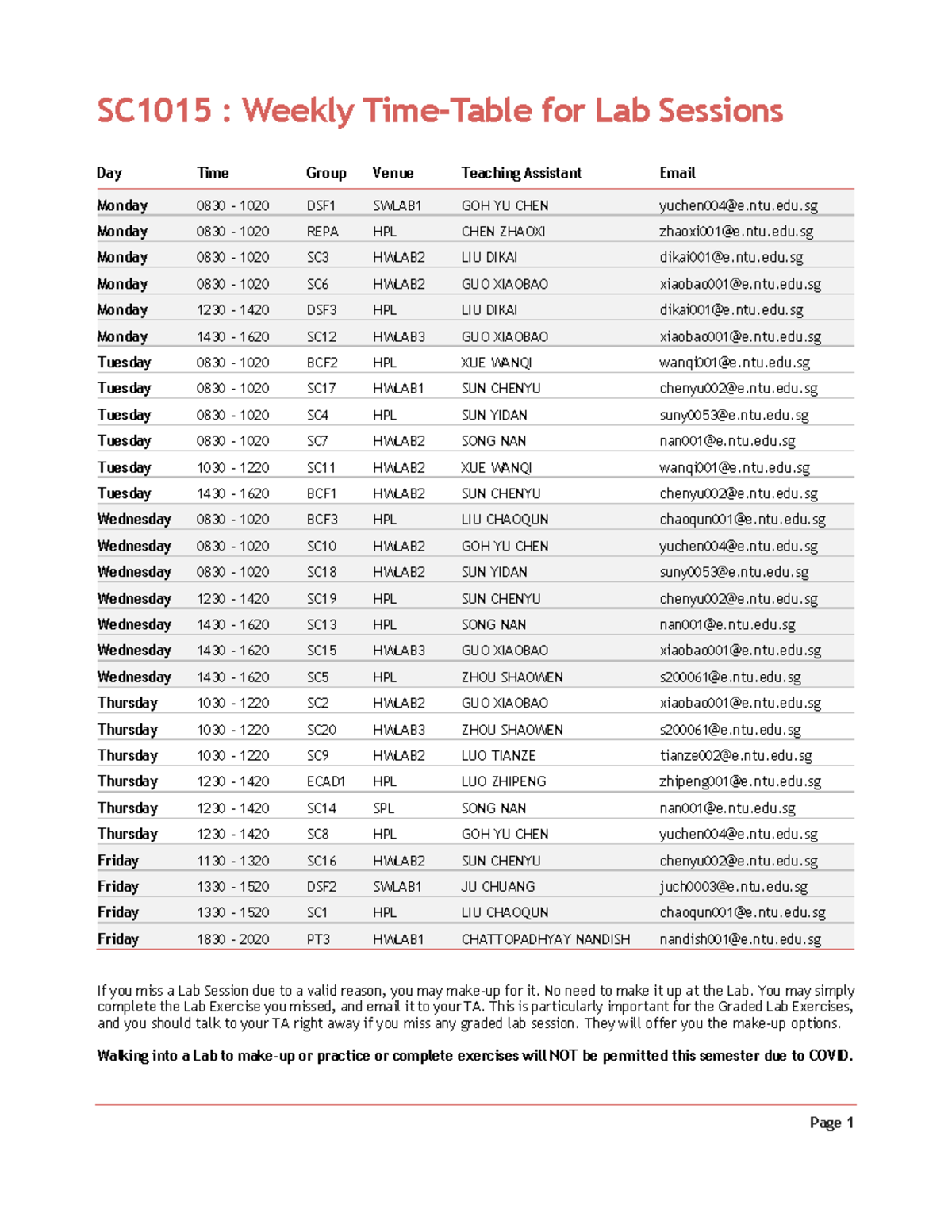SC1015 Time Table - Page 1 SC10 15 : Weekly Time-Ta b l e for Lab ...