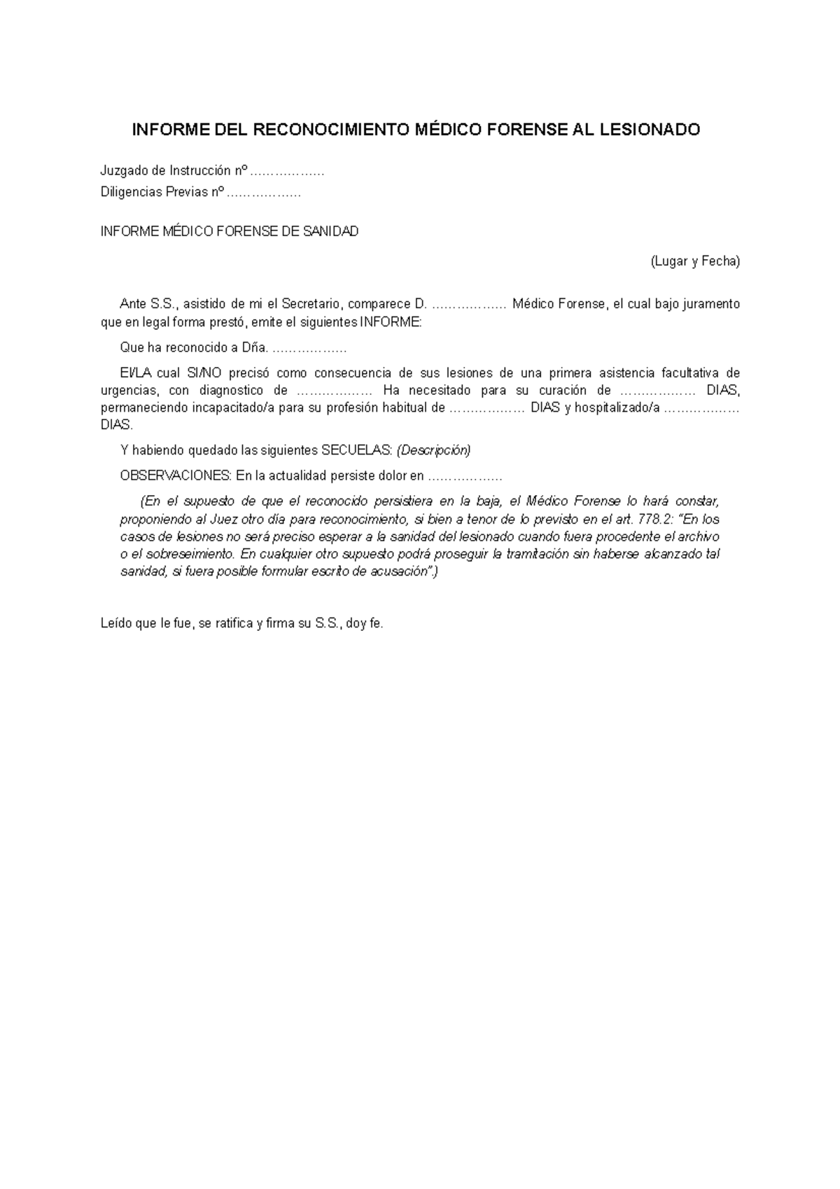 Informe médico forense - INFORME DEL RECONOCIMIENTO MÉDICO FORENSE AL ...
