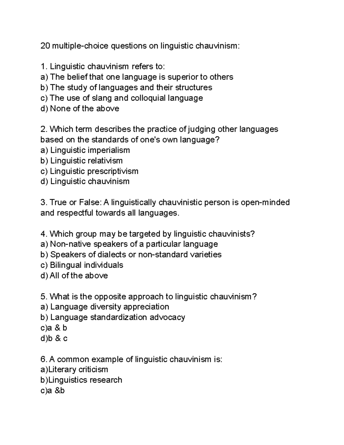 20 multiple - 20 multiple-choice questions on linguistic chauvinism ...