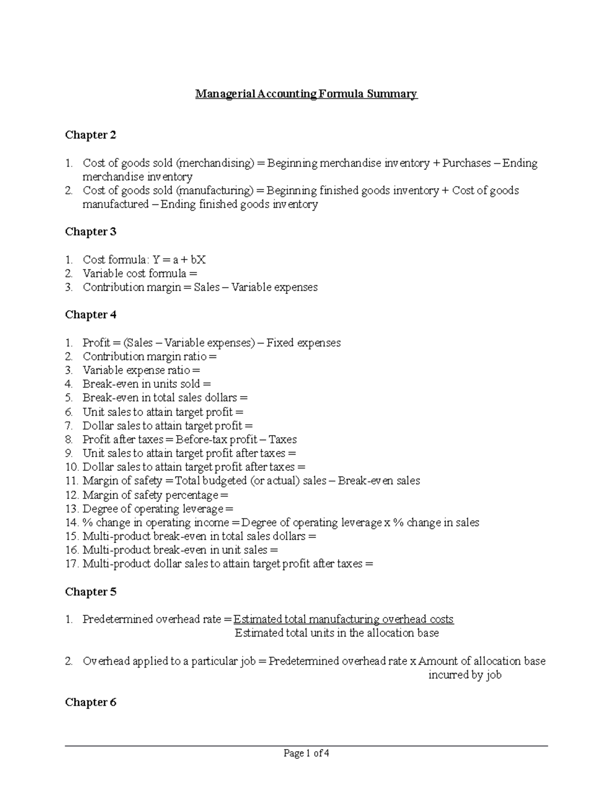 2230 Formula Summary - Managerial Accounting Formula Summary Chapter 2 Cost of goods sold - Studocu