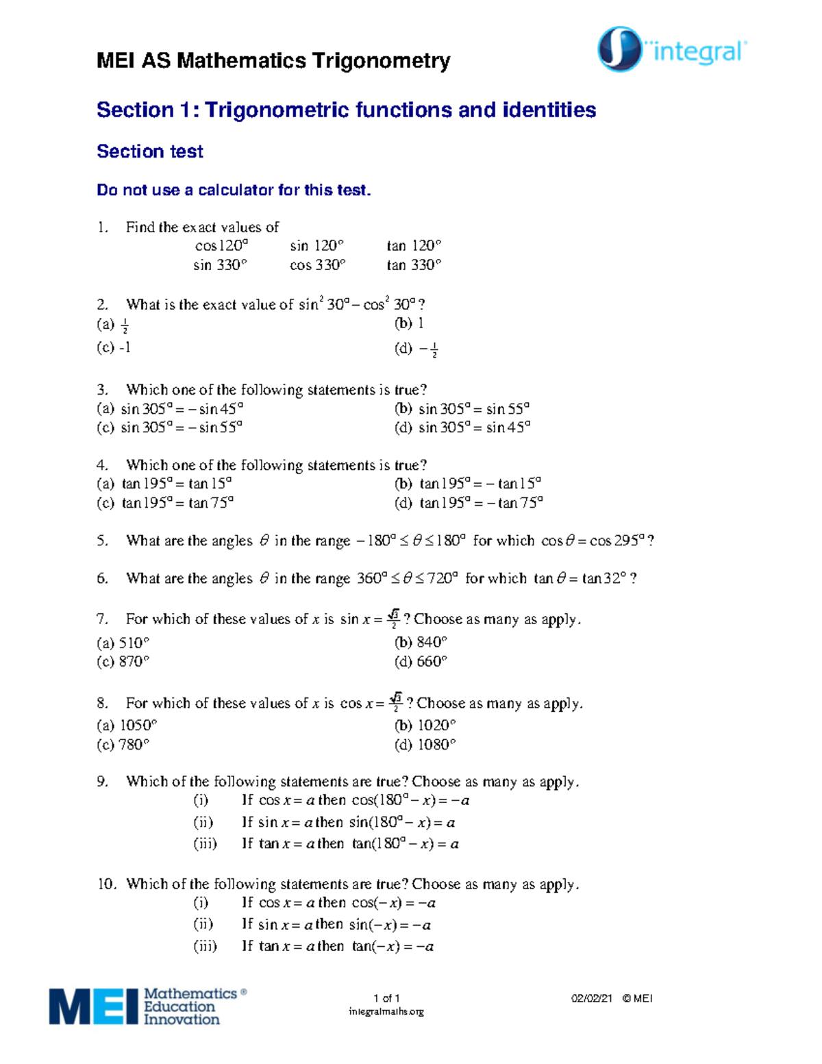 MEI AS Test T1 - Good good - MEI AS Mathematics Trigonometry 1 of 1 02 ...
