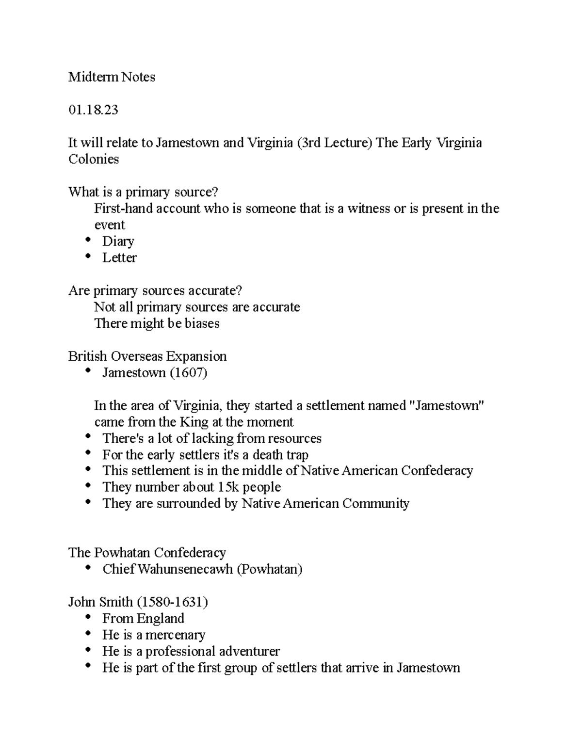 History of US to 1865 - HST 142 (Midterm Notes) - Midterm Notes It will ...