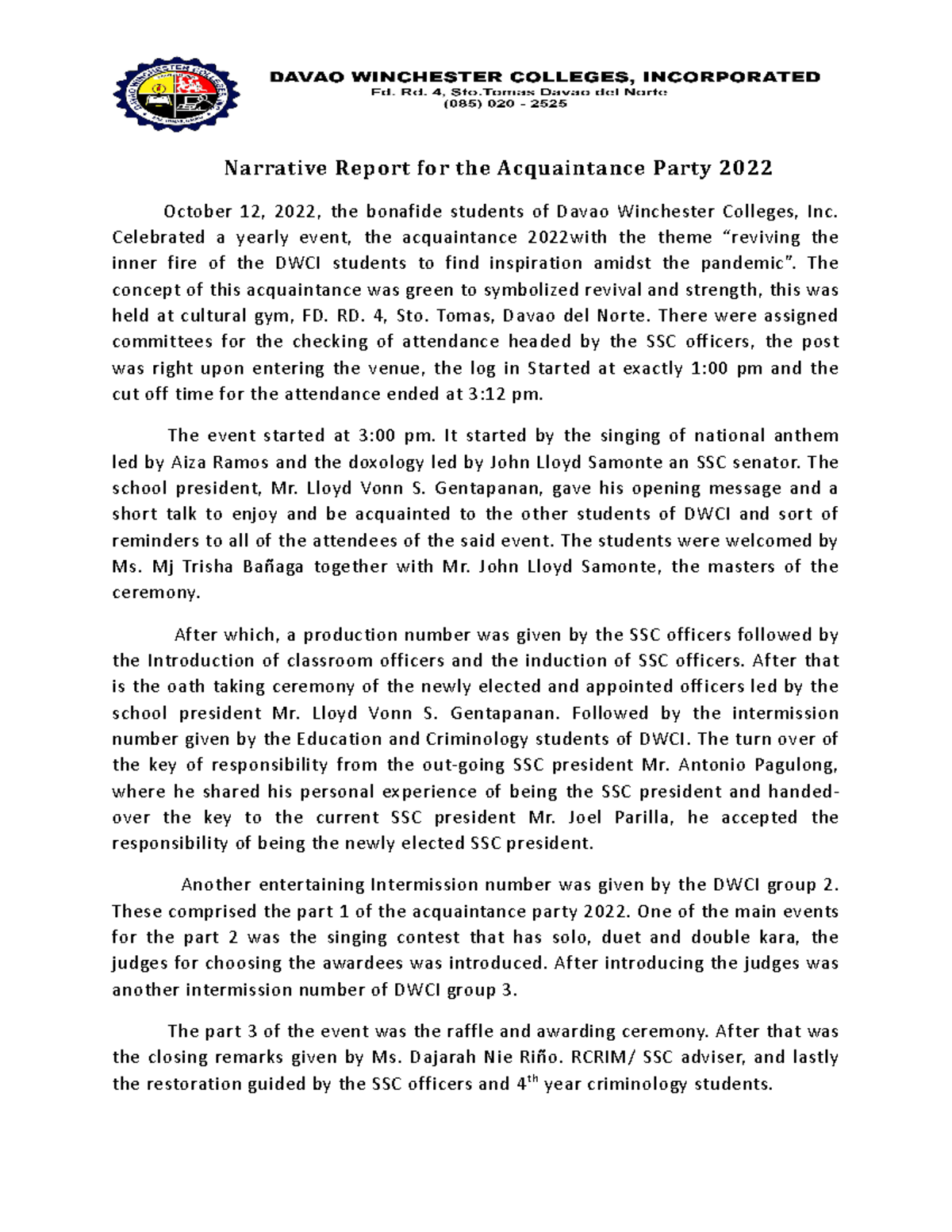 Narrative Report for the Sportsfest 2023 - Narrative Report for the ...