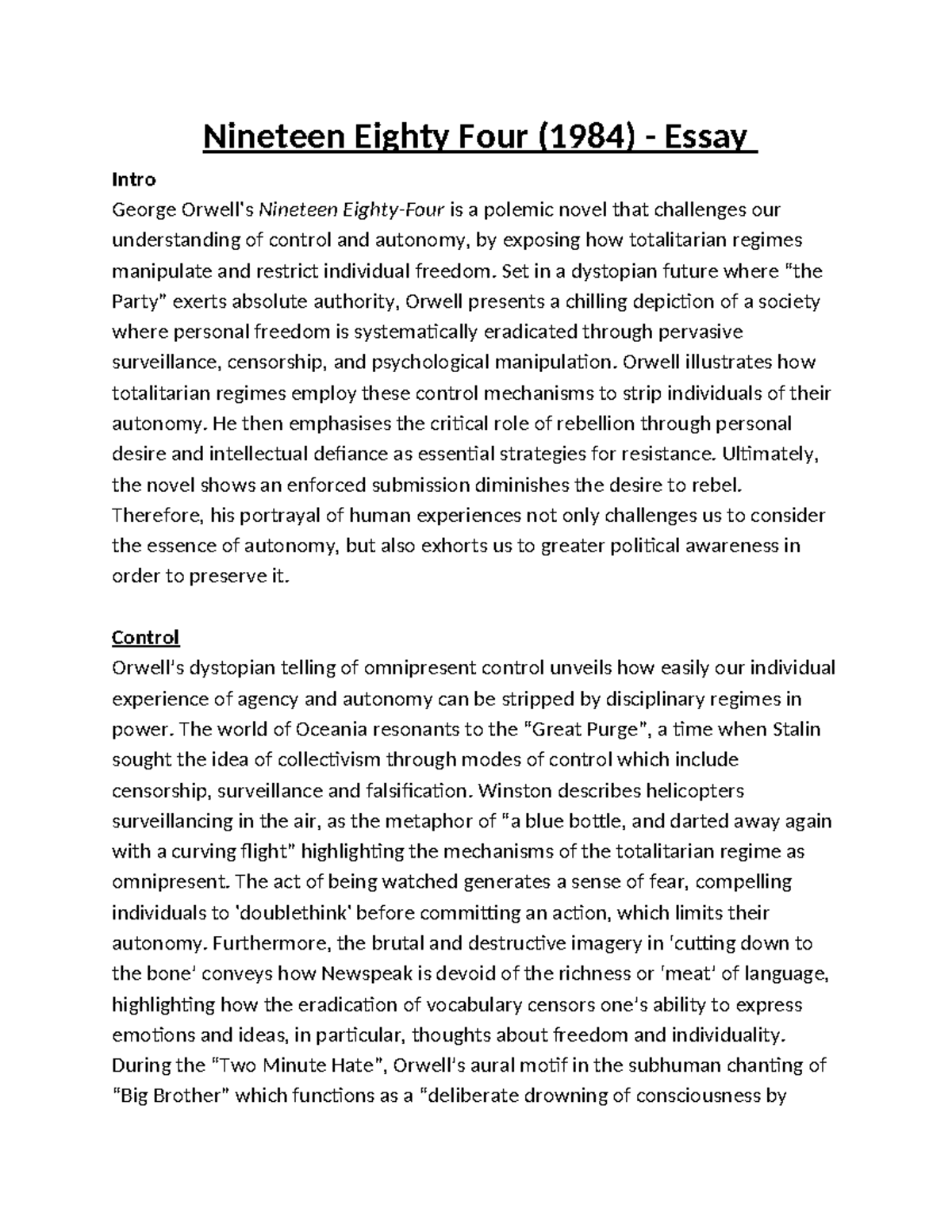 Common Mod Nineteen Eighty Four Essay - Nineteen Eighty Four (1984 ...