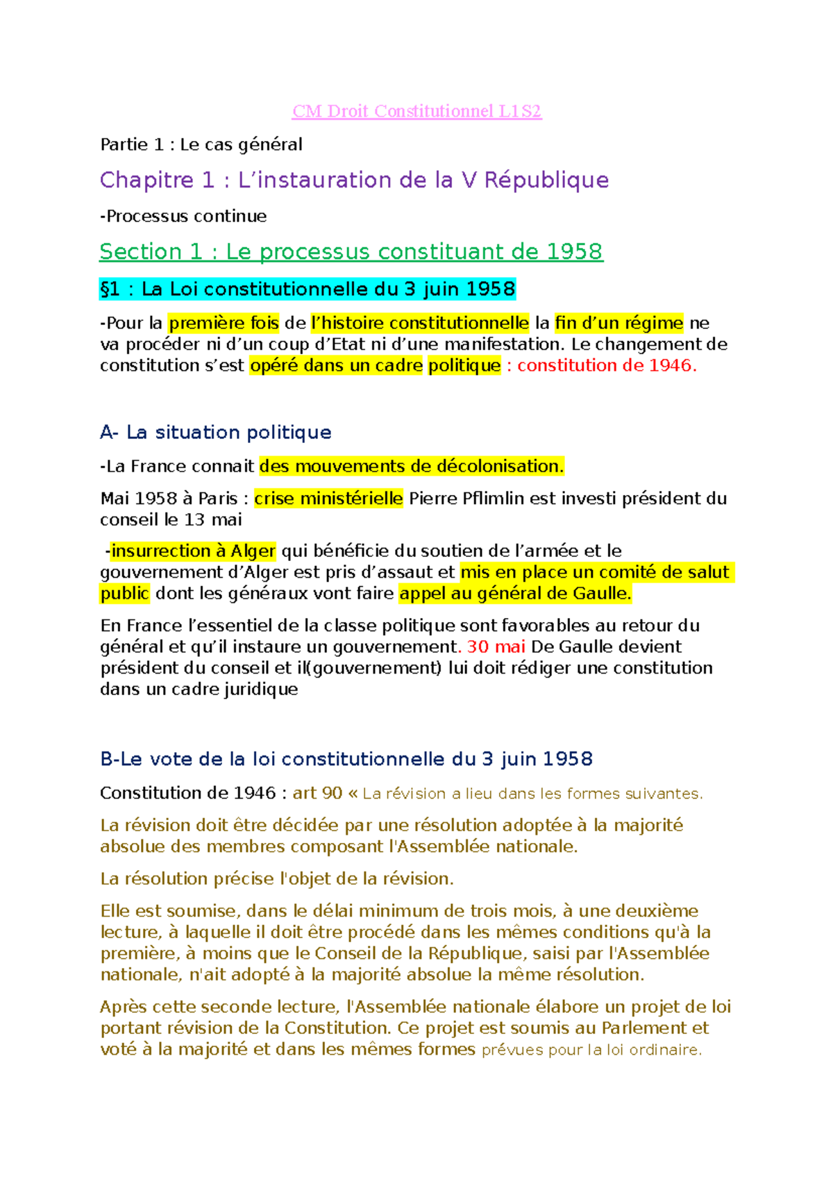 CM Droit Constitutionnel L1S2 - CM Droit Constitutionnel L1S Partie 1 : Le cas général Chapitre ...