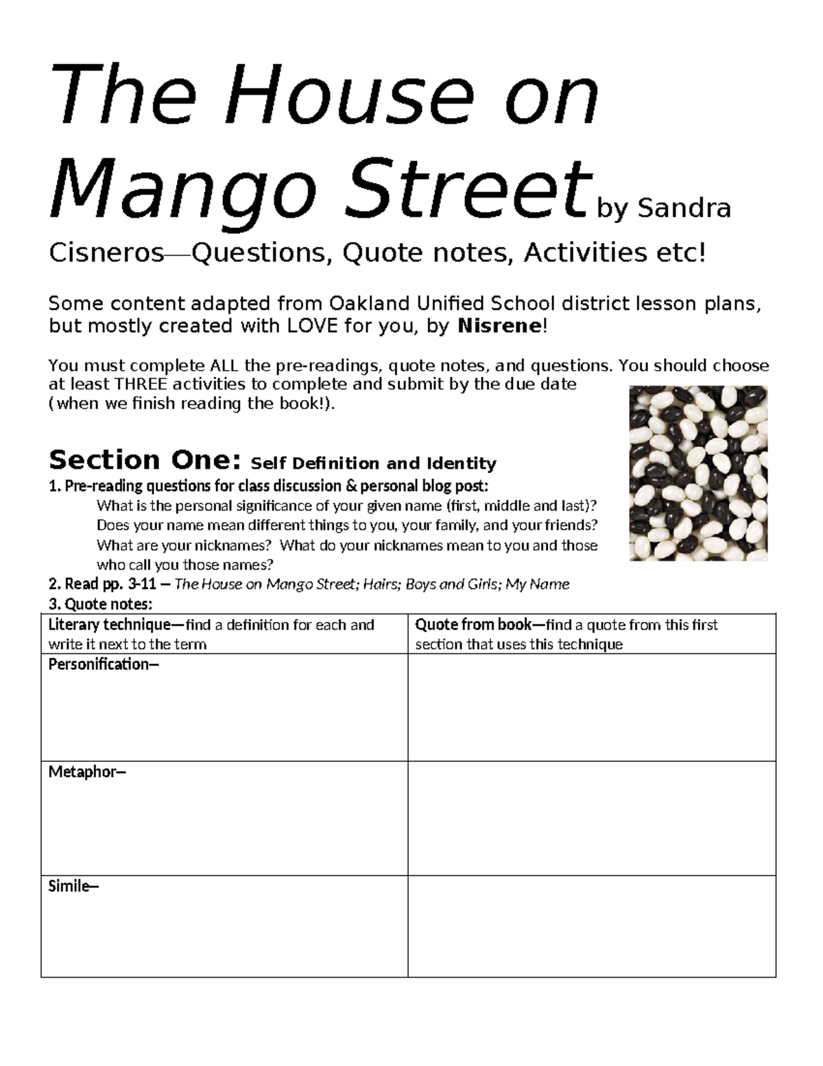 Homs packet sections 1 3 - The House on Mango Street by Sandra Cisneros ...