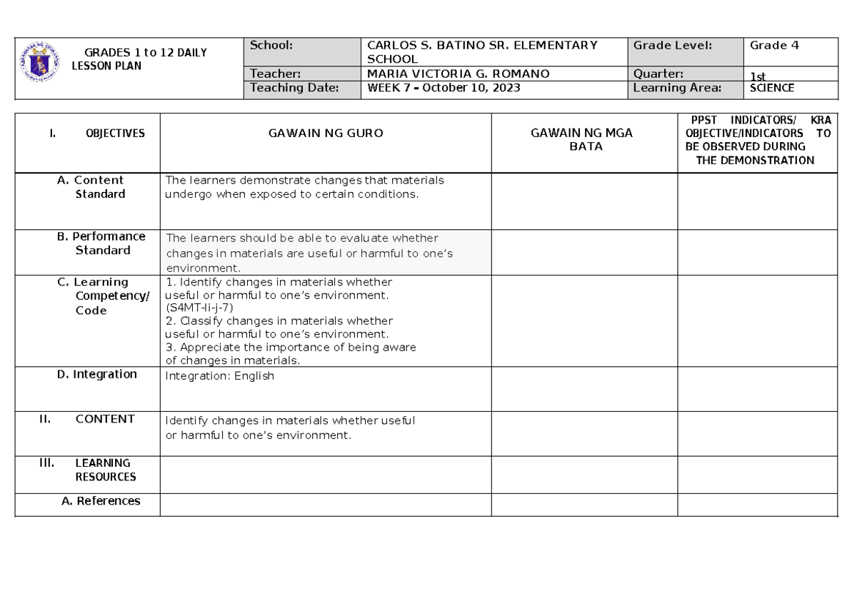 COT-DLP- Grade-4- Science-Harmful and useful of changes in the ...