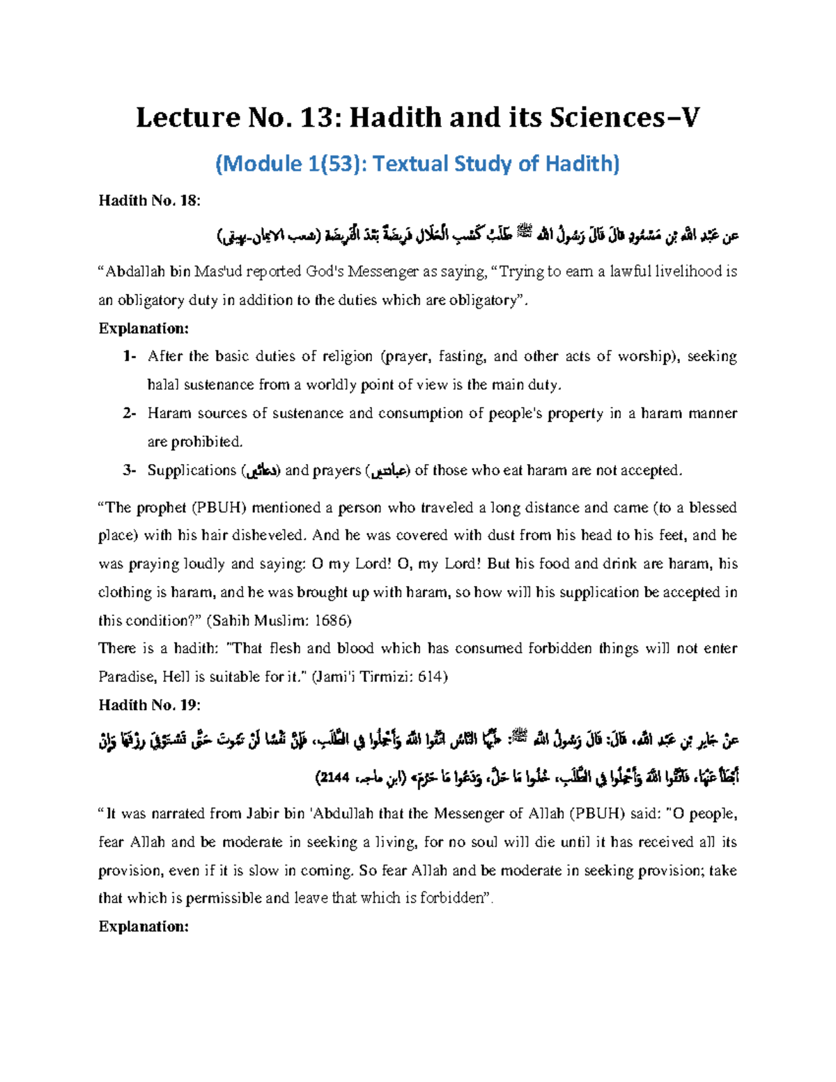Handouts Lecture 13 ISL 202 (English) - Lecture No. 13: Hadith and its ...