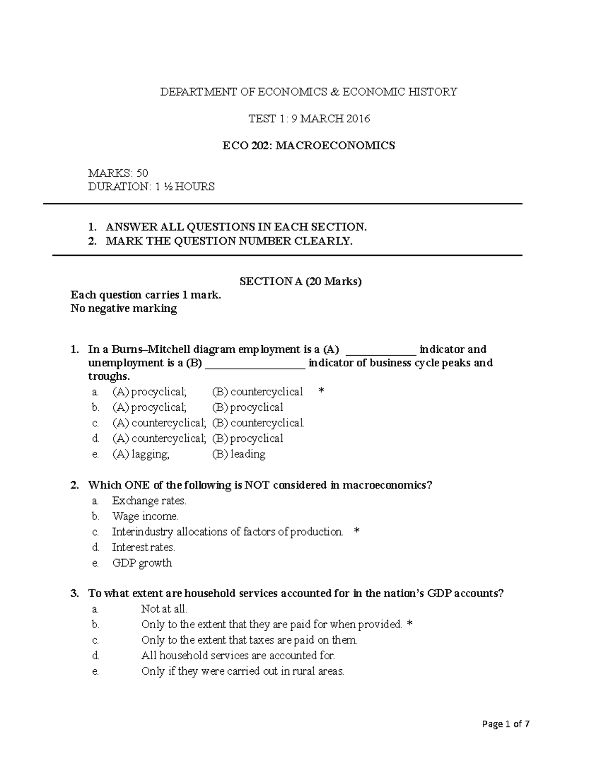Economics March Test 1 - DEPARTMENT OF ECONOMICS & ECONOMIC HISTORY ...