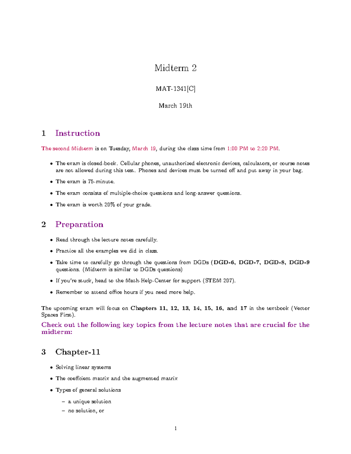Review sheet Midterm 2 - Midterm 2 MAT-1341[C] March 19th 1 Instruction ...