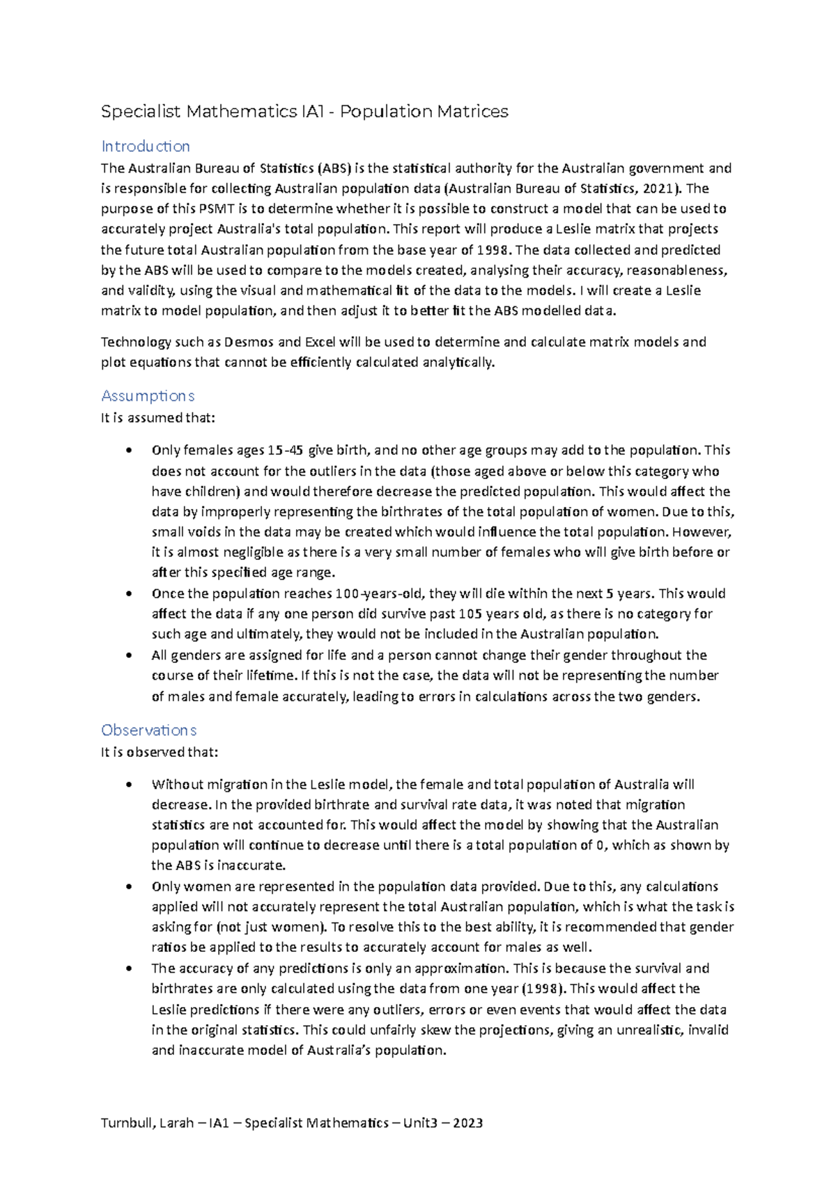 Specialist mathematics ia1 unit 3 2023 - Specialist Mathematics IA1 - Population Matrices - Studocu
