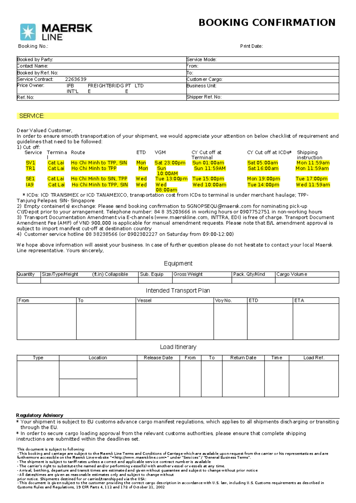 Maersk - Nothing - BOOKING CONFIRMATION Booking No.: Print Date: Booked ...
