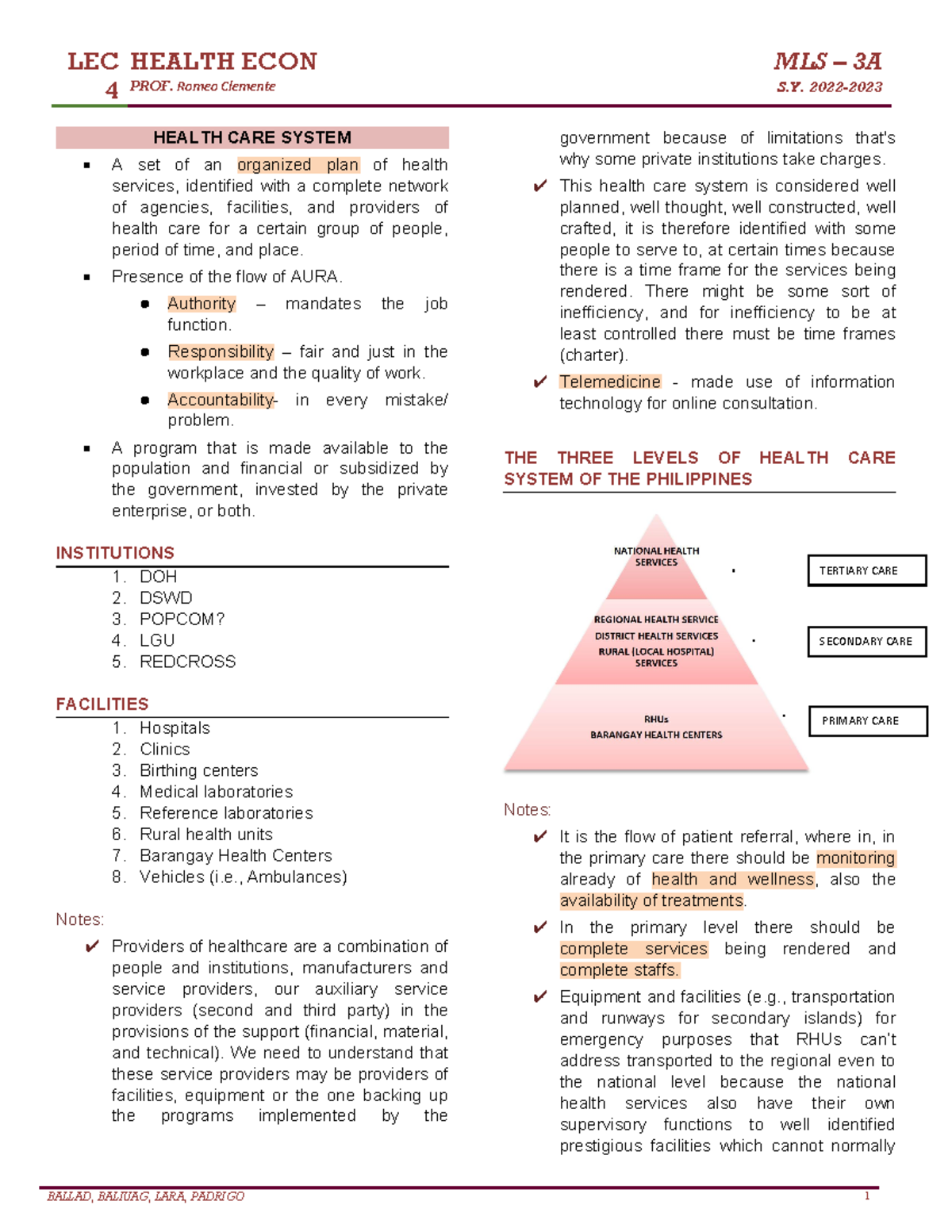 HEE lecture note - LEC 4 HEALTH ECON MLS – 3A PROF. Romeo Clemente S ...