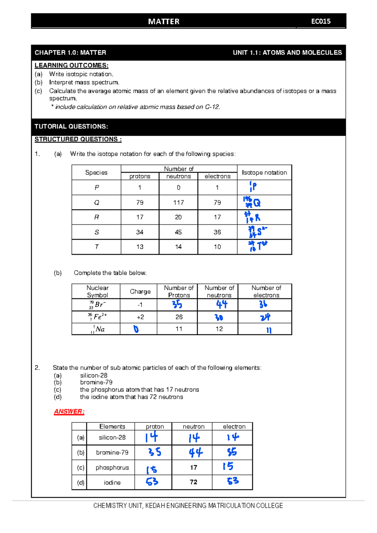 1.1 Atoms AND Molecules ( Tutorial Pelajar) - CHAPTER 1: MATTER UNIT 1 ...