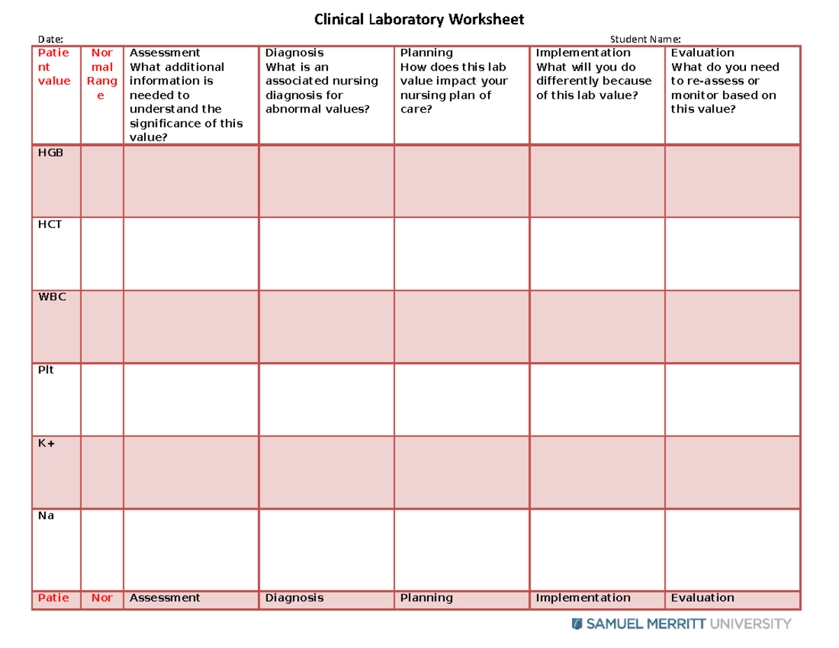 Clinical Laboratory Worksheet - NURSG 120/120L - Studocu