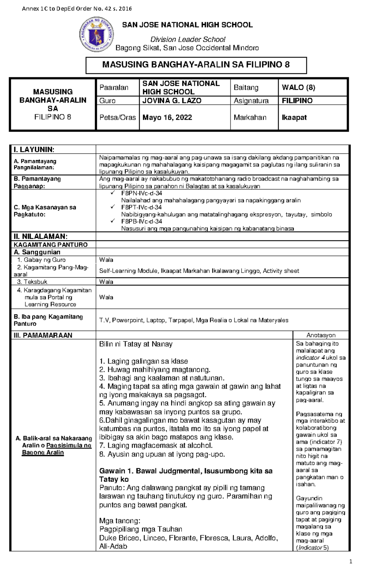 Co2 2022 Final-1 - Filipino 8 COT - SAN JOSE NATIONAL HIGH SCHOOL ...