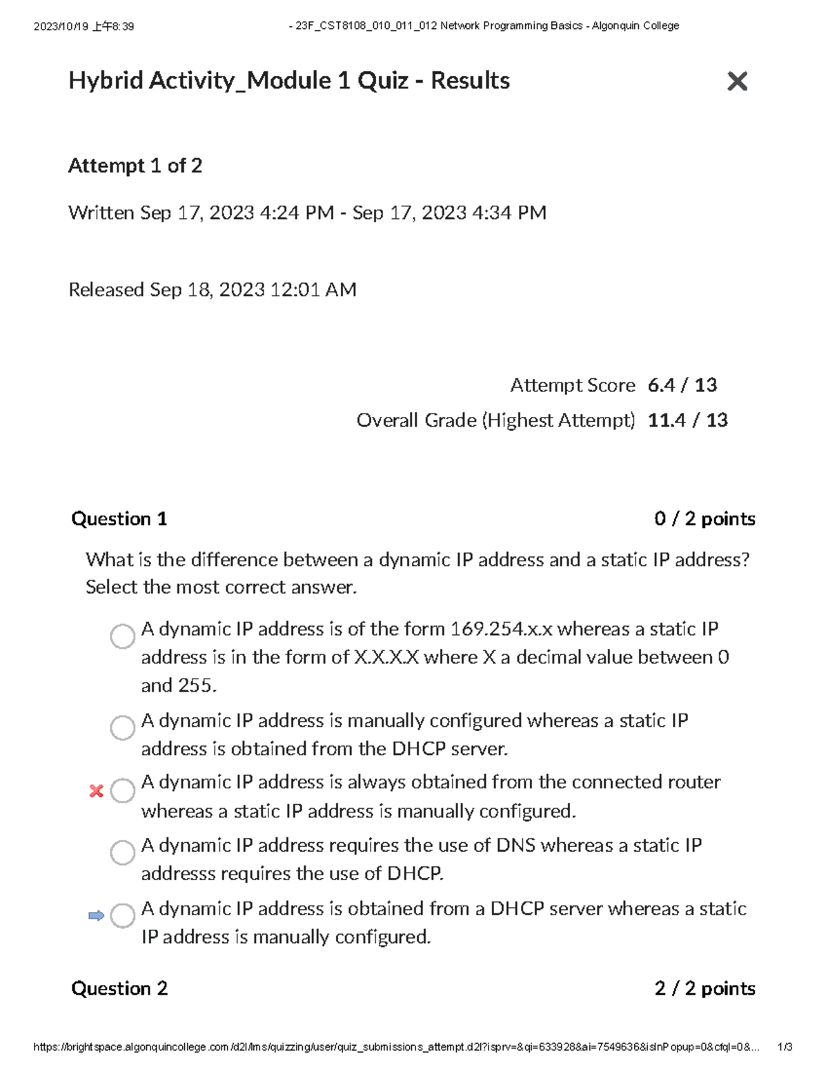 Module 1 Quiz - 2023/10/19 上午8:39 - 23F_CST8108_010_011_012 Network Programming Basics ...