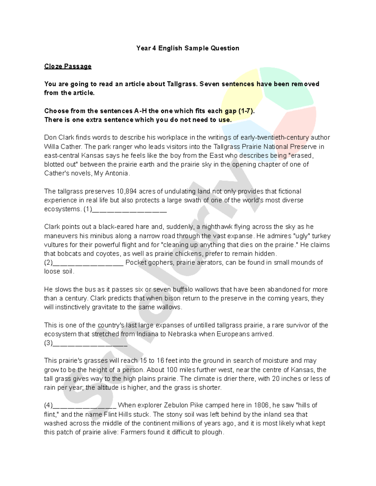 Year 4 English Sample - Year 4 English Sample Question Cloze Passage ...