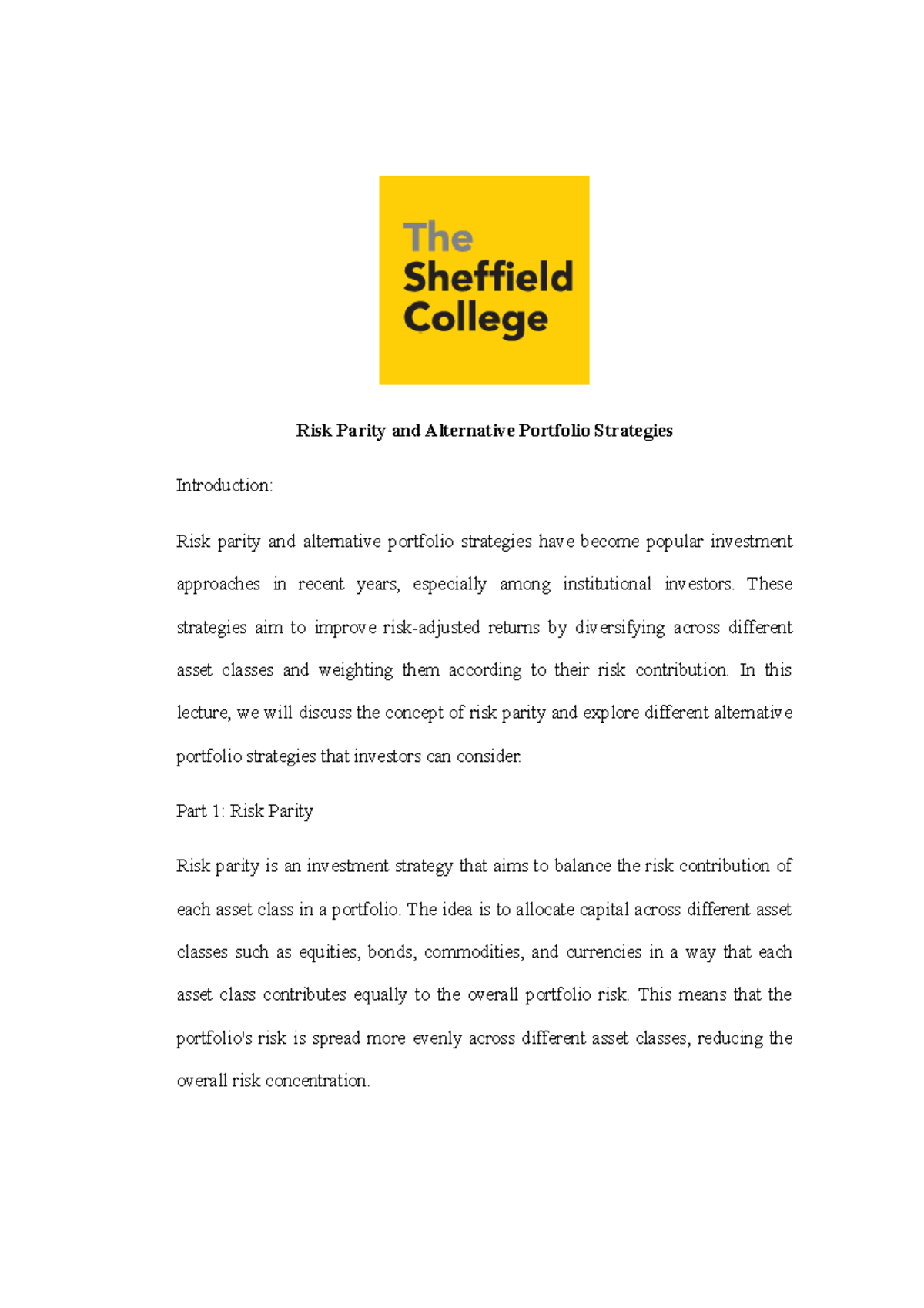 Risk Parity and Alternative Portfolio Strategies - Risk Parity and ...