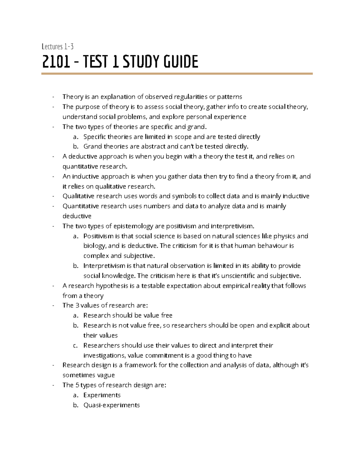 Test 1 Study Guide - Lectures 2101 TEST 1 STUDY GUIDE Theory is an ...