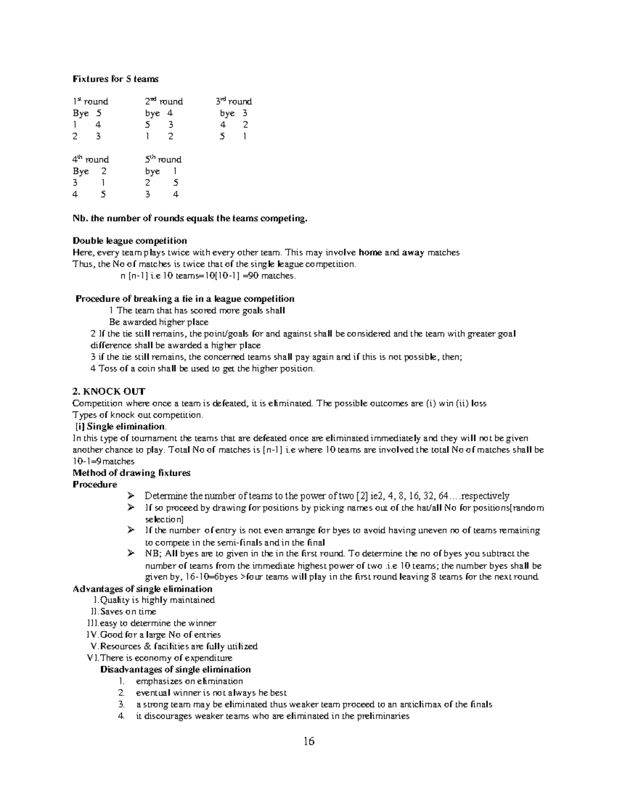 PE Notes 3 - Fixtures for 5 teams 1 st round 2 nd round 3 rd round Bye ...
